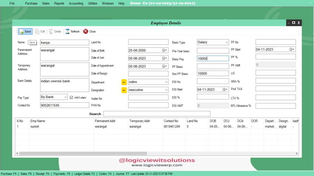 Employee info - Logicview ERP Billing Software